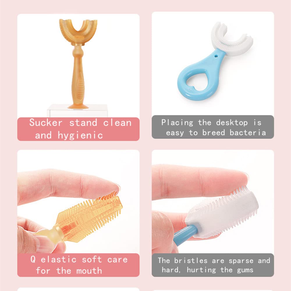 JYZPJ 2 Pack Kids U Shaped Toothbrush Toddler Toothbrush with Soft Silicone Bristles with Suction Cup Base 360 U Type Toothbrush for Children Ages 2-12 (2-6 Years Old)