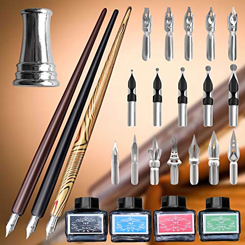 Trustela Calligraphy Set For Beginners, 3 Calligraphy Pens, 4 Ink Bottle 15ml, 20 Calligraphy Nibs, 1 Calligraphy Pen Holder, Dip Pen Set, Gift For Men, Women And Kids, Calligraphy Kit For Beginners
