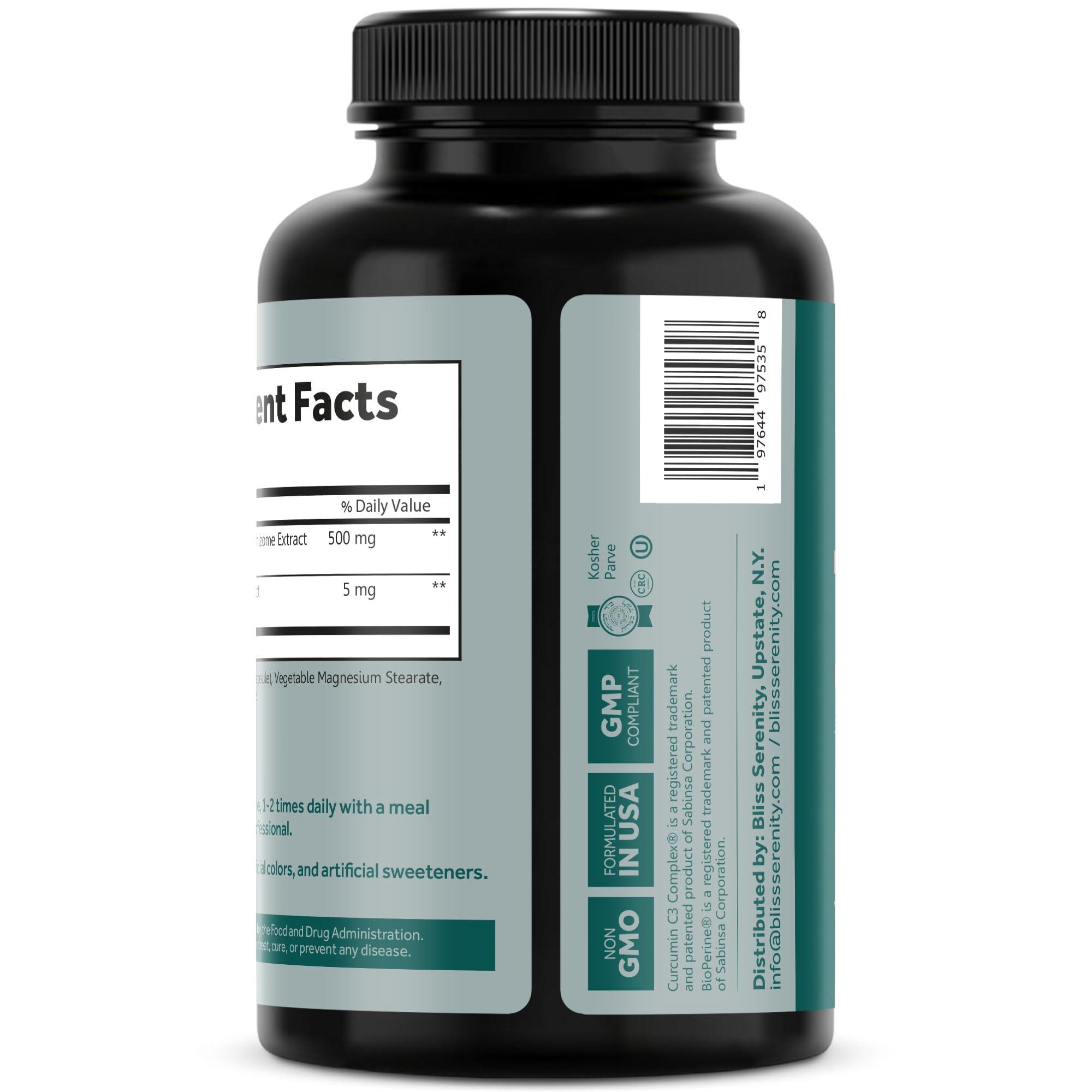 Bliss Serenity Turmeric Curcumin C3 Complex 500 mg, Enhanced with Black Pepper for Better Absorption; Kosher Certified, Non-GMO and Gluten Free - Standardized 95% Curcuminoids - 120 VegCaps