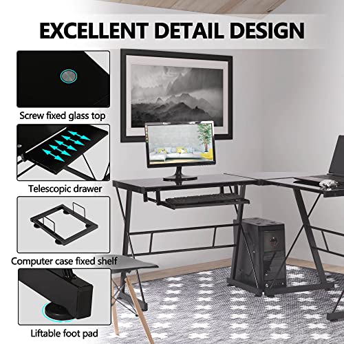 Haiput Wam Gaming Desk L Shaped Computer Desk Office Desk Modern Toughened Glass Corner Desk with Keyboard Tray for Home Office Writing Study 51", PC Desk Gaming Computer Desk
