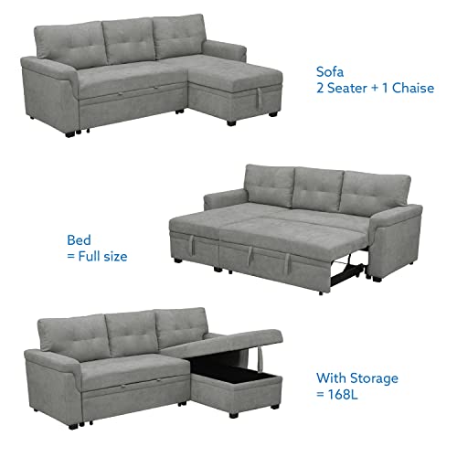 Naomi Home Laura Sectional Sleeper Sofa with Pull Out Bed, Reversible Sleeper Sectional Sofa Bed, Best Sleeper Sofa Couch with 168L Storage, L-Shape Pull Out Couch Bed Sleeper Sofa β Air Leather/Gray