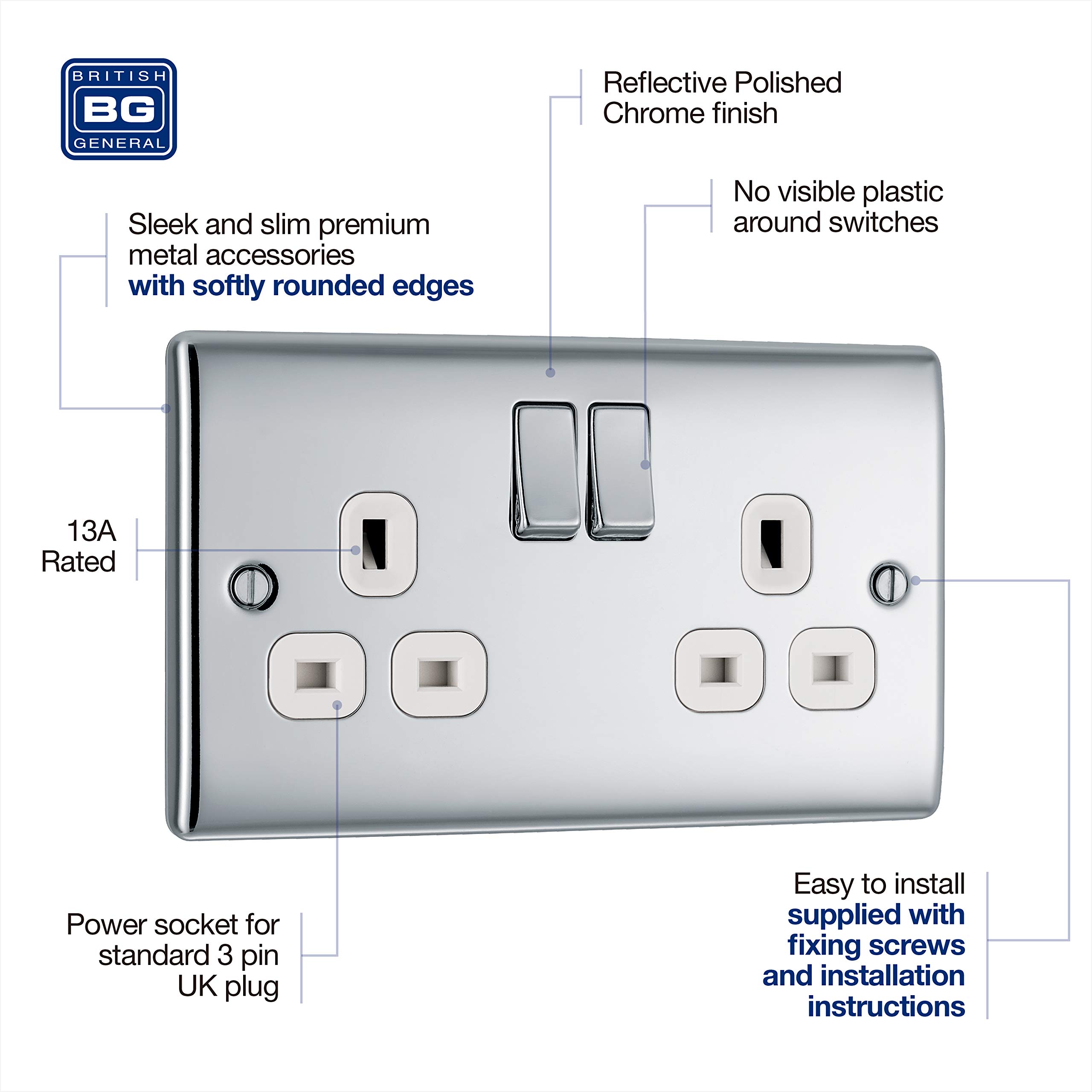 BG Electrical Double Switched Power Socket with White Inserts, Polished Chrome, 13 Amp