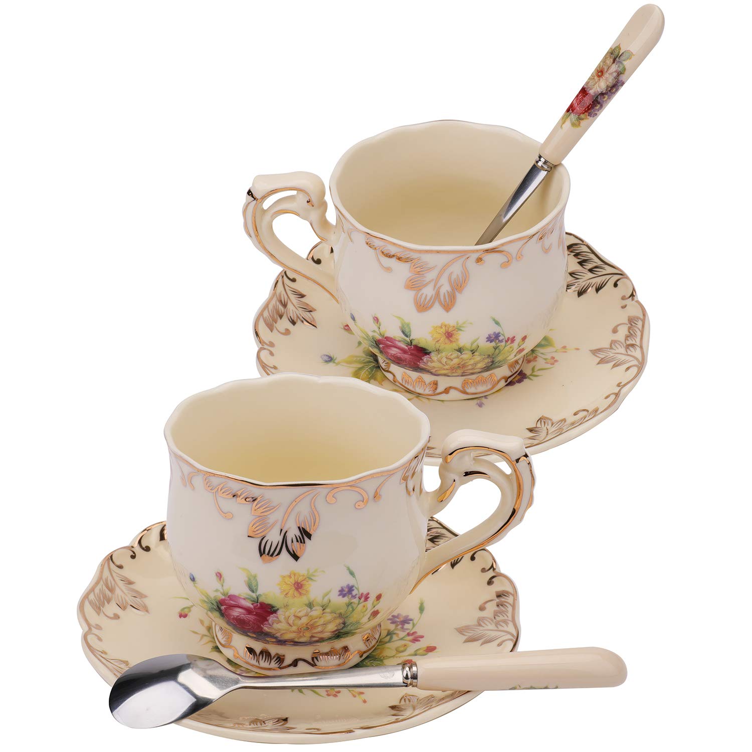 Foraineam Set of 2 Tea Cup and Saucer, 8 oz. Flowering Shrubs Ivory Ceramic Coffee Cup Fancy Floral Porcelain Tea Cup Set with Saucer and Spoon