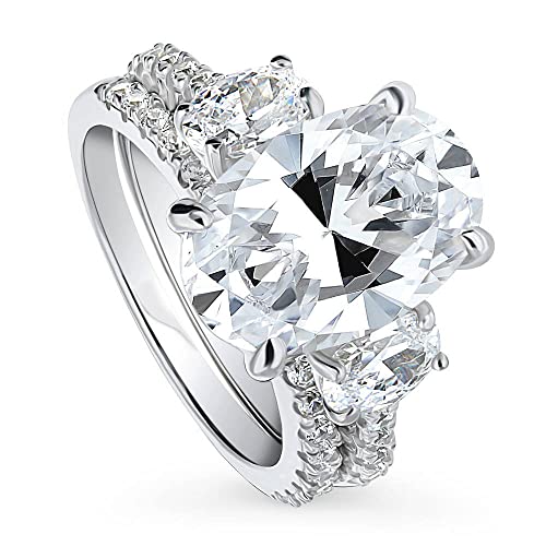 BERRICLE Sterling Silver 3-Stone Wedding Engagement Rings Oval Cut Cubic Zirconia CZ Ring Set for Women, Rhodium Plated Size 8