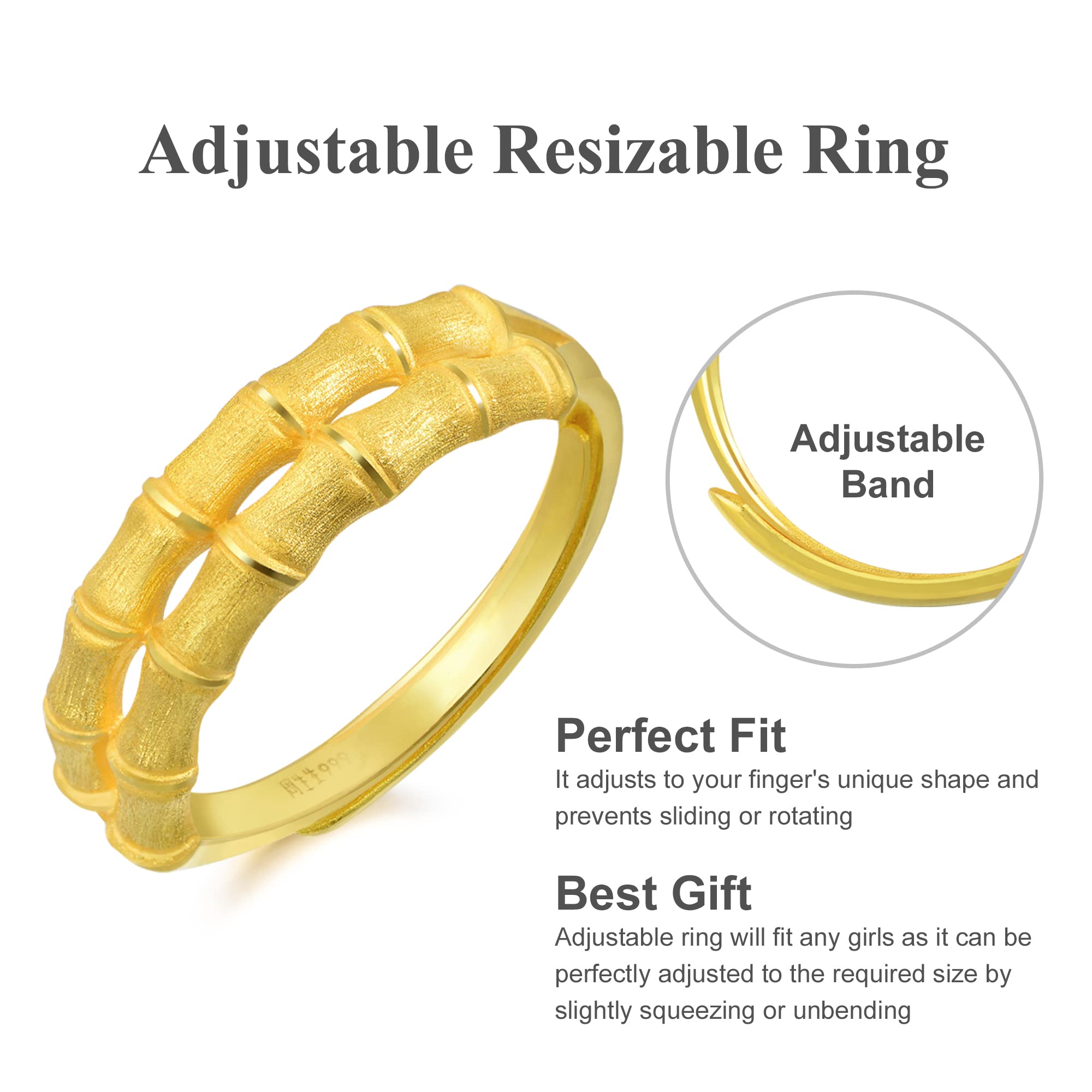 CHOW SANG SANG 999.9 24K Solid Gold Price-by-Weight Gold Bamboo Adjustable Ring for Women 90351R (Approx. 0.09tael (~3.36g))
