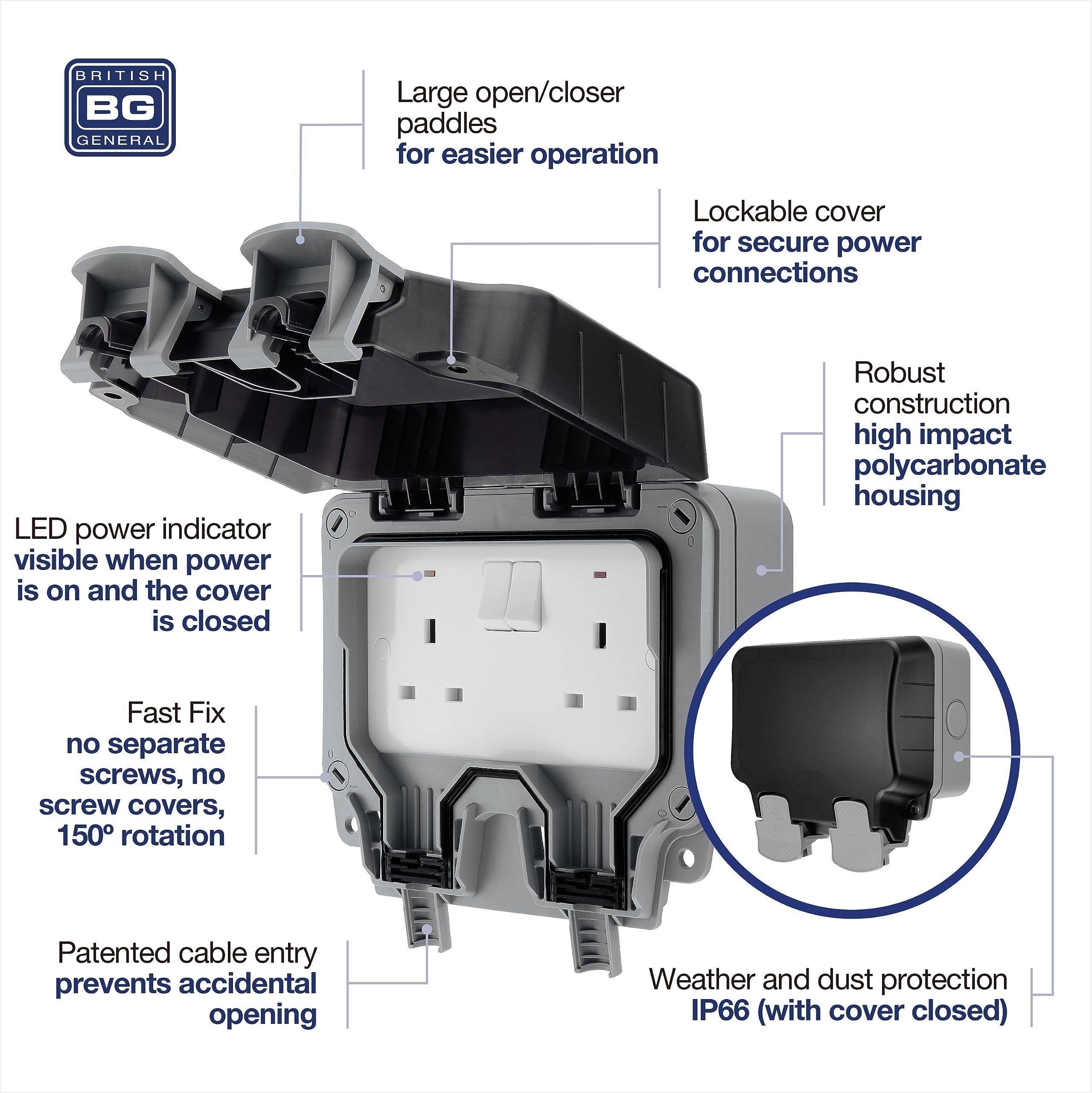 BG Electrical Double Weatherproof Outdoor Switched Power Socket, IP66 Rated, 13 Amp
