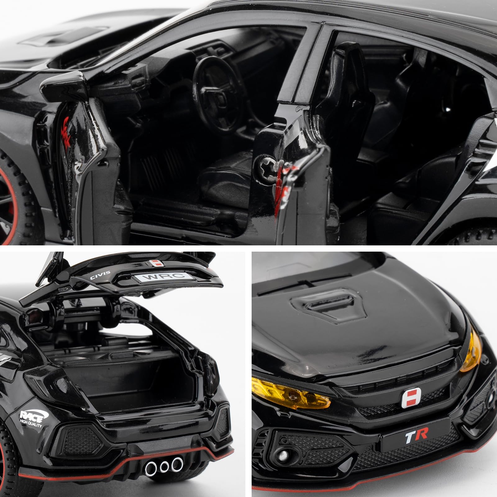 WAKAKAC 1/32 Toy Car for Honda Civic Type-R Diecast Toy Vehicle Metal Pull Back Model Car with Light and Sound for Kids Adults Gift(Black)
