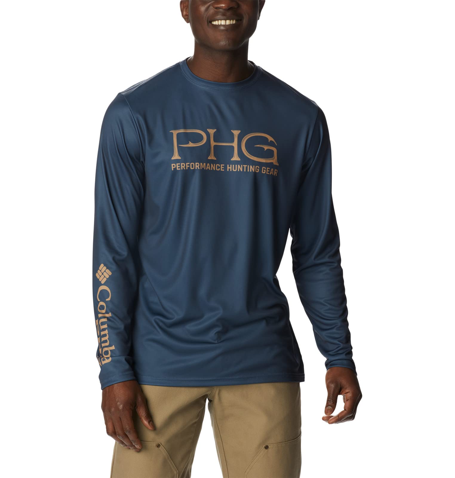 Columbia Men's PHG Terminal Shot Antler Logo Long Sleeve, Zinc/Sahara, Small