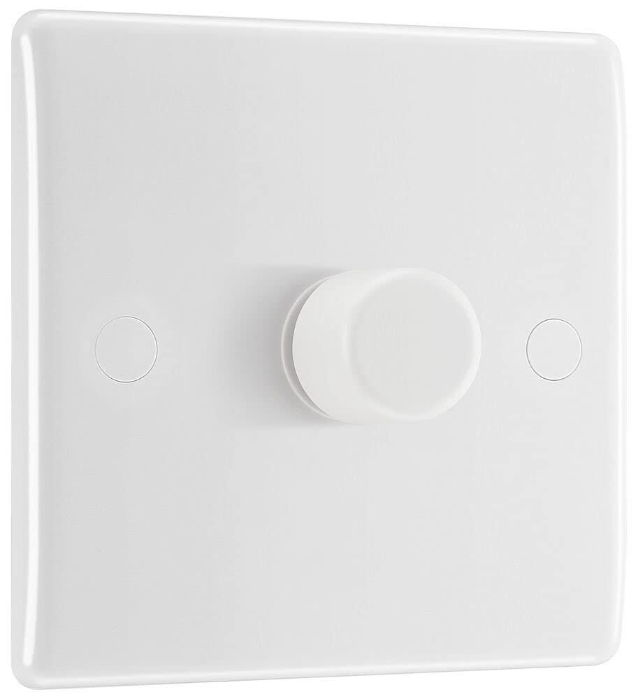 BG Electrical Single Round Push Button Dimmer Light Switch, White Moulded, Round Edge, 2-Way, 400 Watts