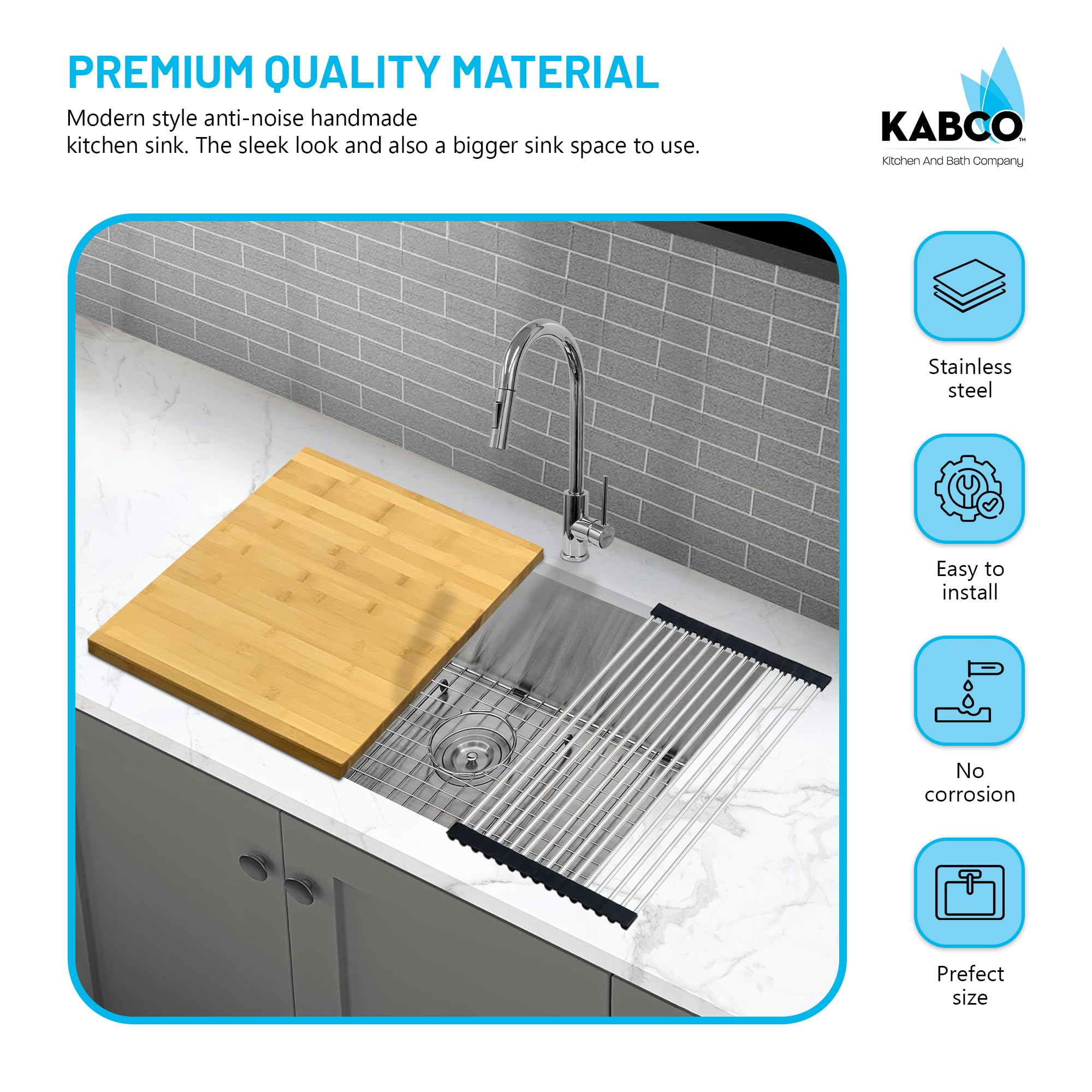 KABCO 28 Inch Single Bowl Stainless Steel Handmade Kitchen Sink with Sink Strainer, Sink Grid, a Rolling Up Grid, and Bamboo Cutting Board, Rust Resistant Sound, and Heatproof 16 Gauge Undermount Sink
