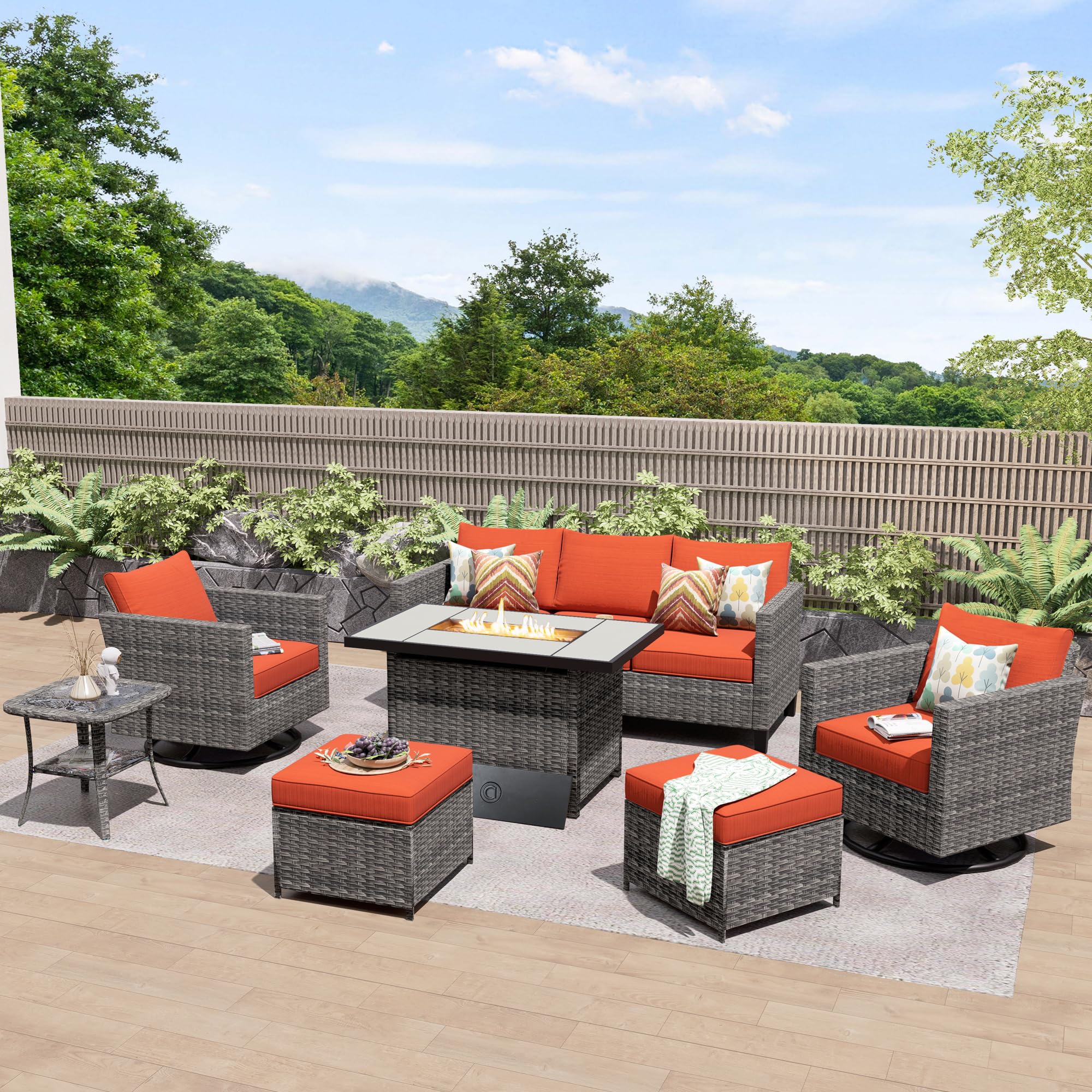 HOOOWOOO Outdoor Patio Furniture Sets 7 Pieces Patio Conversation Sets Weather Resistant Wicker Sofa Seating Set with 42" Fire Pit Swivel Rocking Chairs for 5 Persons Outside,Orange Red