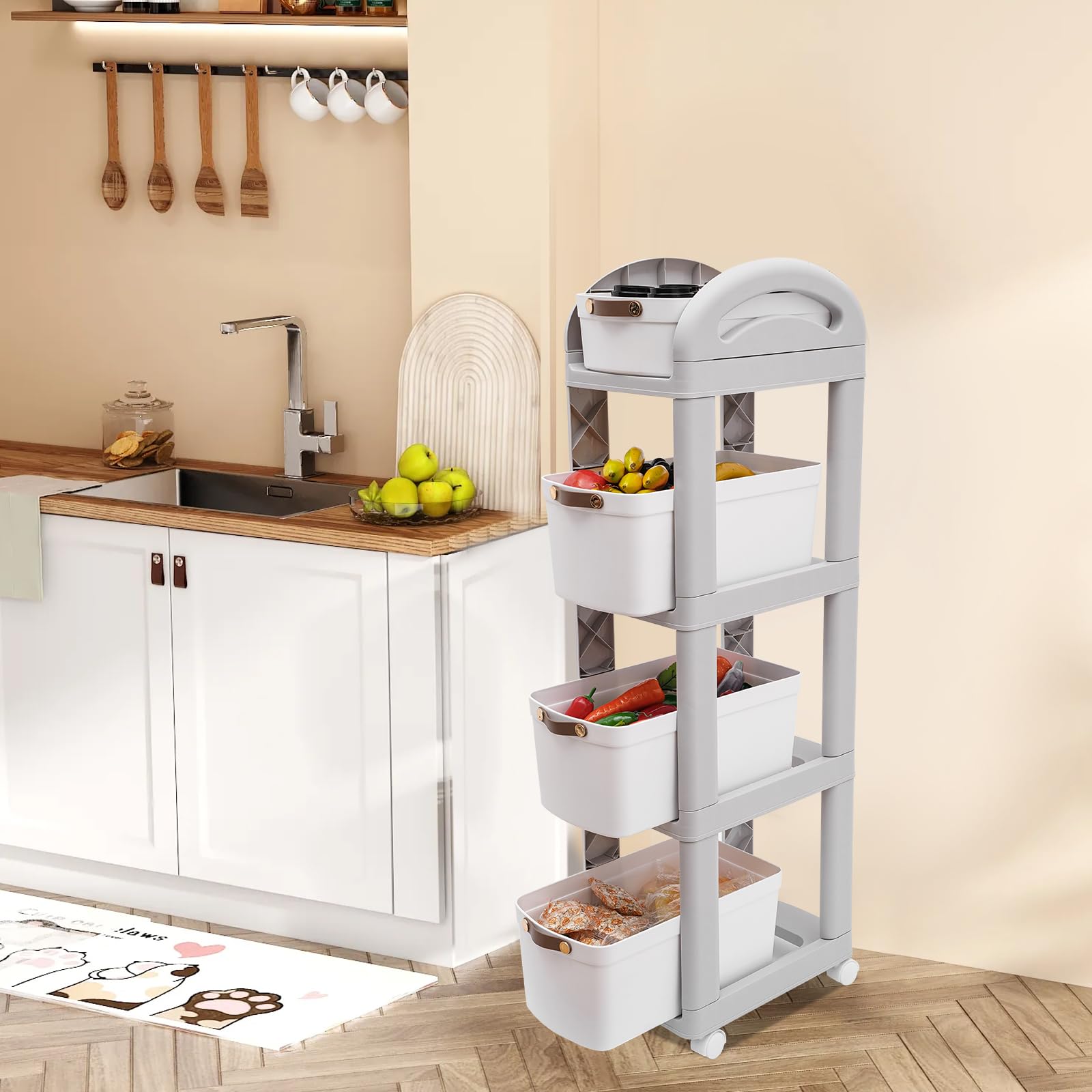 Fichiouy 3/4 Tier Storage Rack Corner Storage Rack On Wheels, Movable Storage Shelving Unit Max Load: 22.05 lbs for Kitchen Bathroom Living Room Garage Office (Gray 4-Tier)