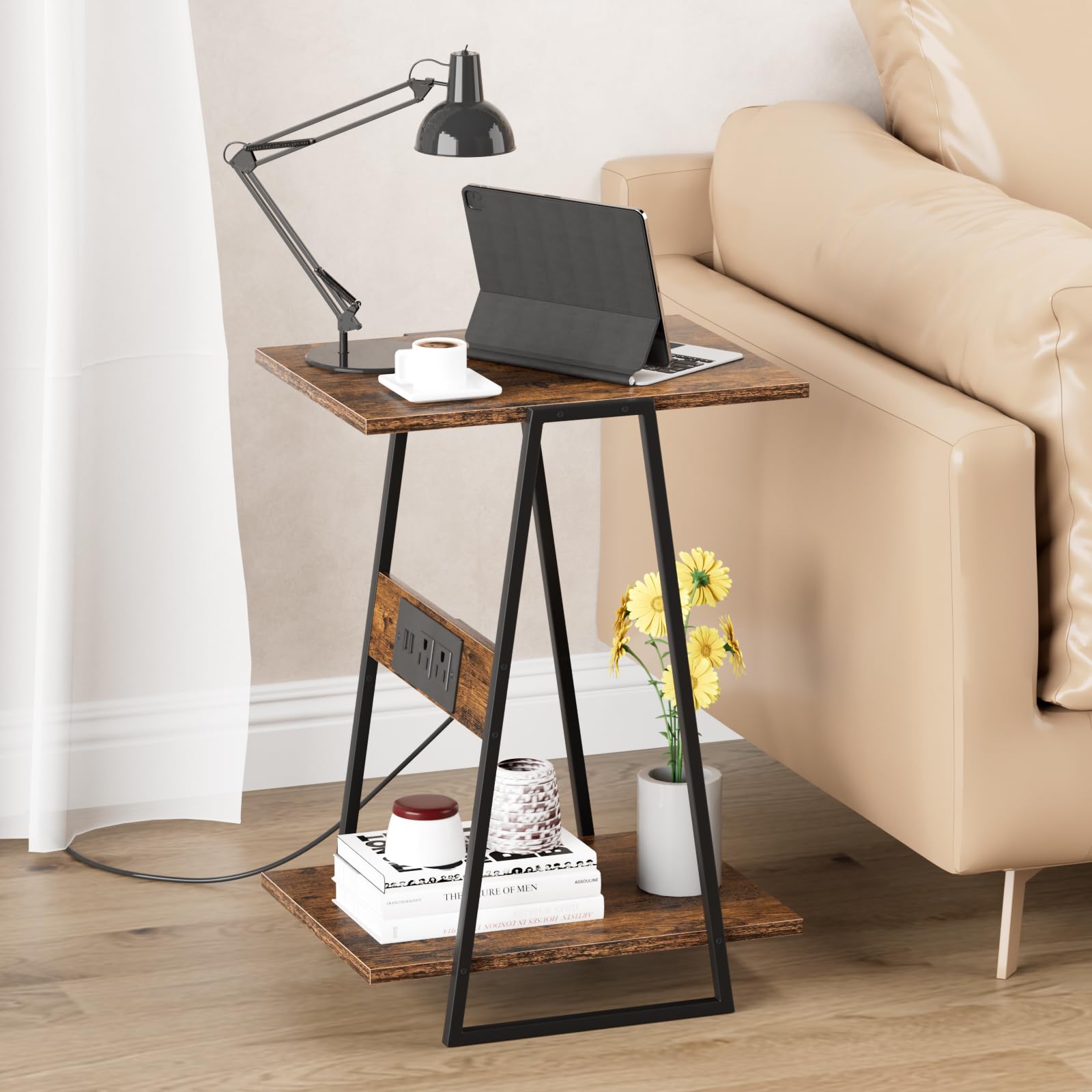 Gannyfer Side Table - 2 Tier Slim End Tables with Storage Shelf, Tall Nightstand for Small Space, Living Room, Bedroom, White