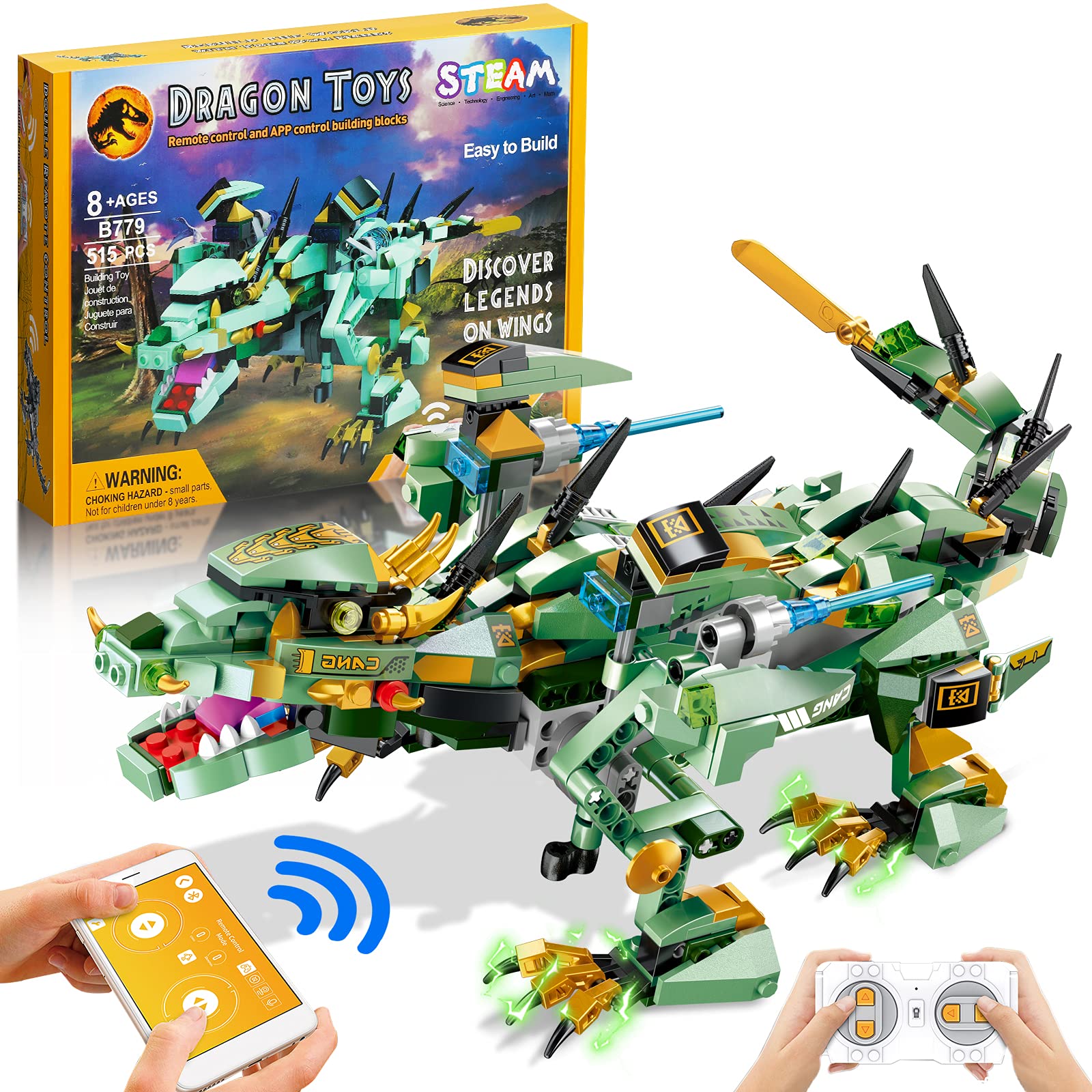 WALARLO Dragon Building Sets, Remote and APP Control Green Ninja Battle Dragon Toy, STEM Toys Gifts for Boys Age 8+, 2023 New (515 Pieces)