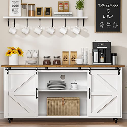 Farmhouse Coffee Bar Cabinet with Storage, 58ββ Kitchen Sideboard Buffet Storage Cabinet with Sliding Barn Door, White Cabinet with Adjustable Shelves, Buffet Table for Living Dining Room