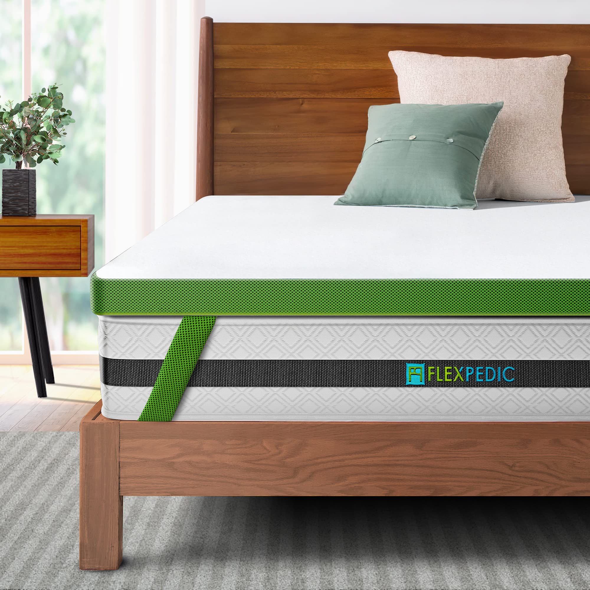 FLEXPEDIC Egg Crate Mattress Topper, White, Full, 20" Deep, Green Tea Infused, Breathable Mesh Cover, Non-Slip, CertiPUR-US Certified, 48-72 Hour Expansion Time
