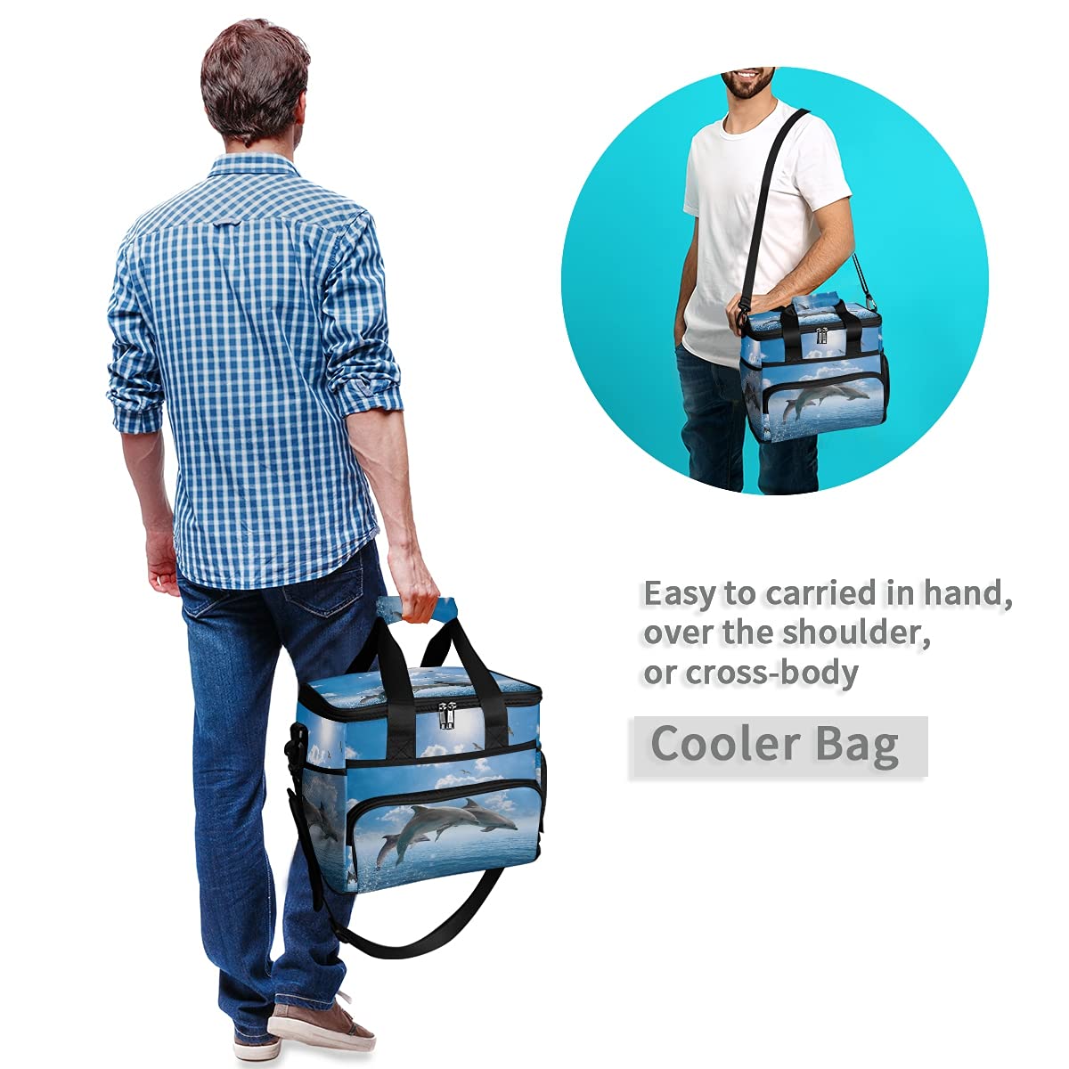 Cooler Bag Large Camping Cooler Tote Animal Dolphin Sea Ocean Lunch Cooler Bag Insulated Waterproof Lunch Box for Picnic Beach Travel, Reusable Leakproof