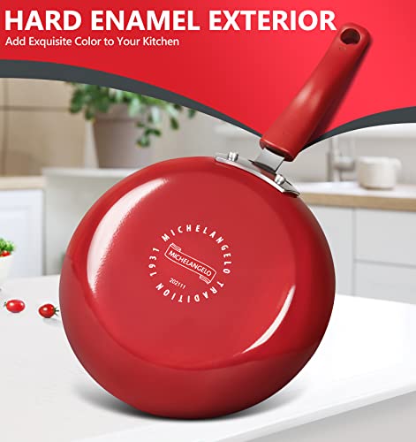 MICHELANGELO Pots and Pans Set Nonstick, 15 Pcs Kitchen Cookware Sets with Porcelain Enamel Exterior and Nonstick Granite-derived Coating, Enamel Cookware Set with 5 Utensils - Red