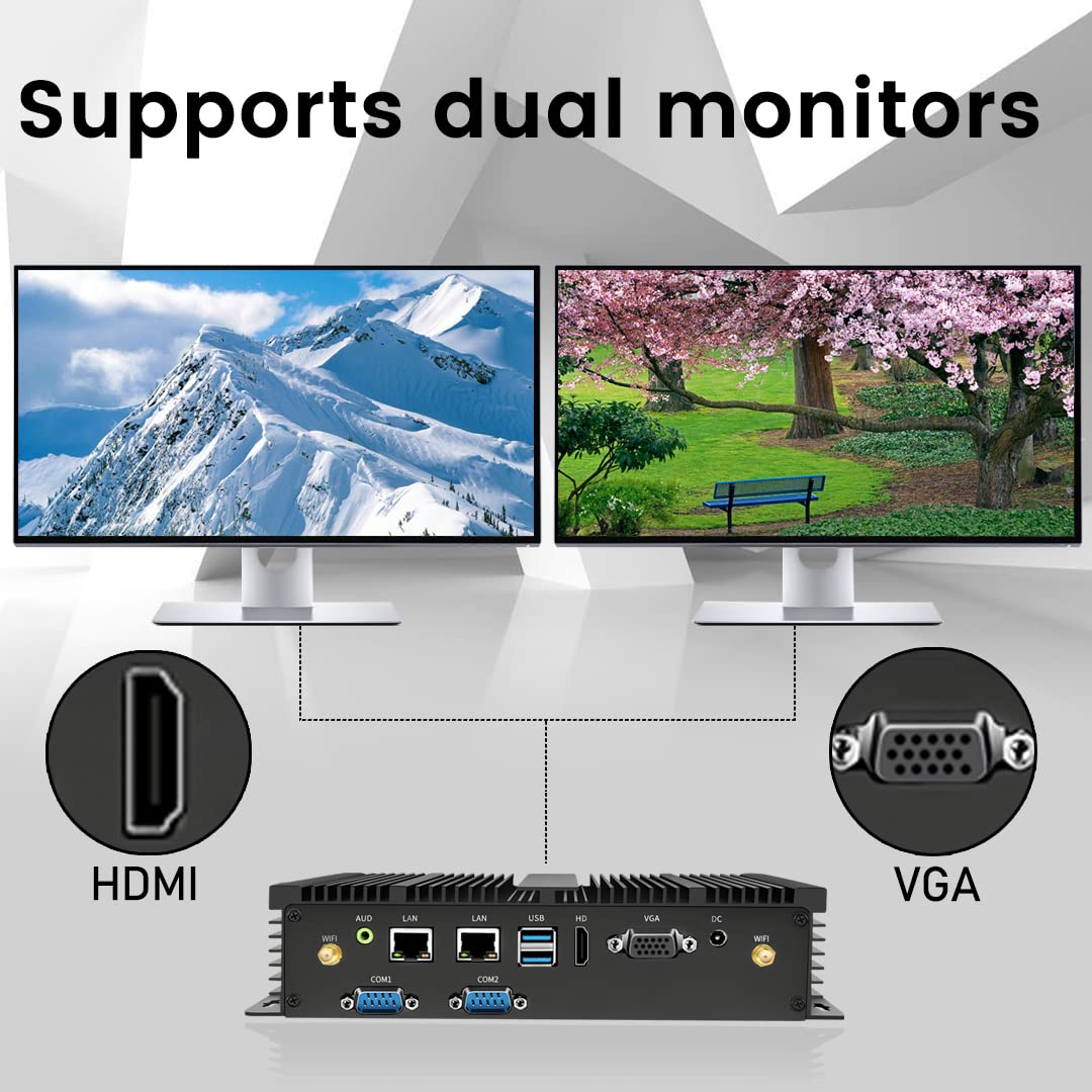 Kinupute Fanless Mini PC, Industrial Desktop Computer Core i3-5005U 2.0GHz, Windows 10 Pro, 8GB RAM, 128GB SSD, 2xNICs, 2xCOM RS232, 4xUSB 3.0, HDMI/VGA Ports, Support Auto Power On