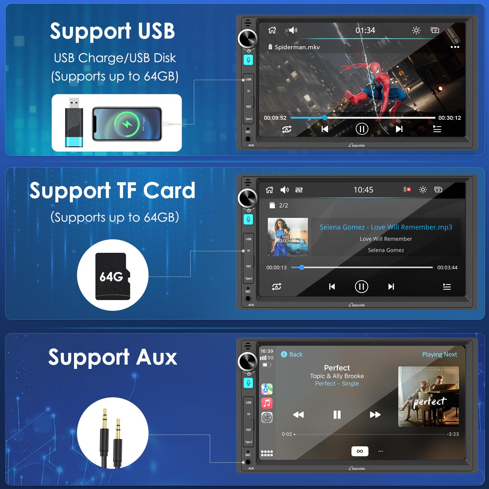 Carpuride S7 Double Din Car Stereo Compatible with Carplay,Android Auto- Car Stereo with back up camera,7 Inch HD Touch Screen, Mirror Link,Voice Control,SWC,Bluetooth,USB/SD Port,FM/Aux