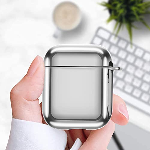MZELQ for AirPods 1 & 2 Case with Keychain Cute Soft TPU Plating Design Shockproof Full Protective Smooth Surface Cover with Anti-Lost Carabiner Accessories for Women Girls (Silver)
