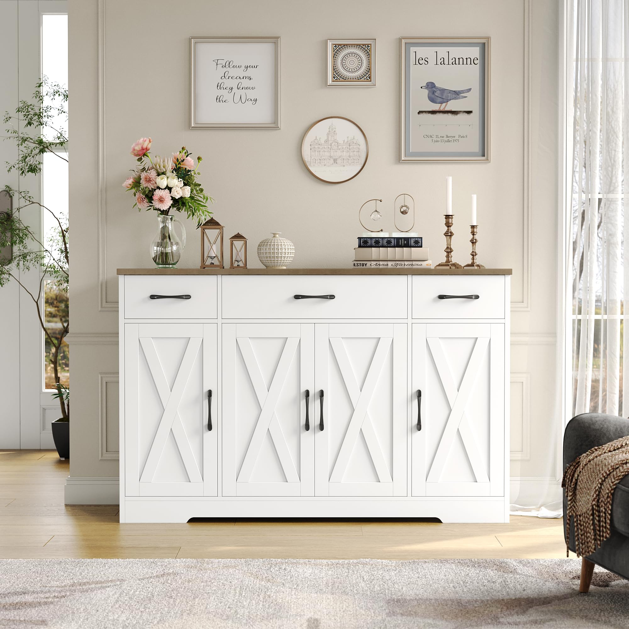HOSTACK Buffet Cabinet with Drawers, 55" Large Sideboard Buffet Storage Cabinet with Shelves and Doors, Modern Farmhouse Coffee Bar Cabinet Wood Buffet Table for Kitchen, Dining Room, White/Rustic