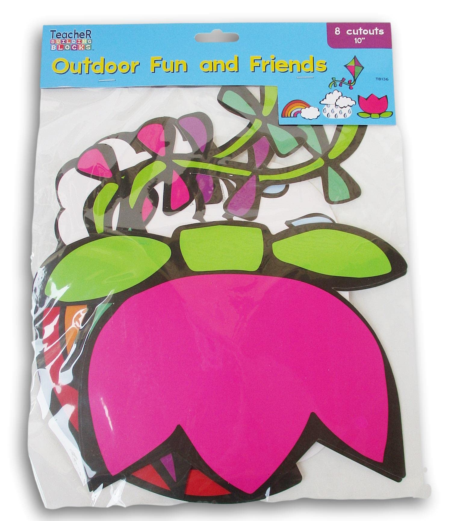 Spring Bulletin Board Paper Cutouts - Kite, Rainbow, RAIN Cloud, Tulip Flower - 8 Piece - 10 Inches