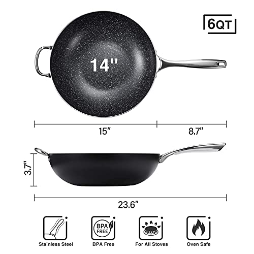 CSK Stir Fry Pan - Wok Pan with Lid, Nonstick Frying Pan with Ergonomic Handle and Flat Bottom, APEO & PFOA-Free Stone-Derived Non Stick Coating,14inch, Black & Gray Black(14 inch)