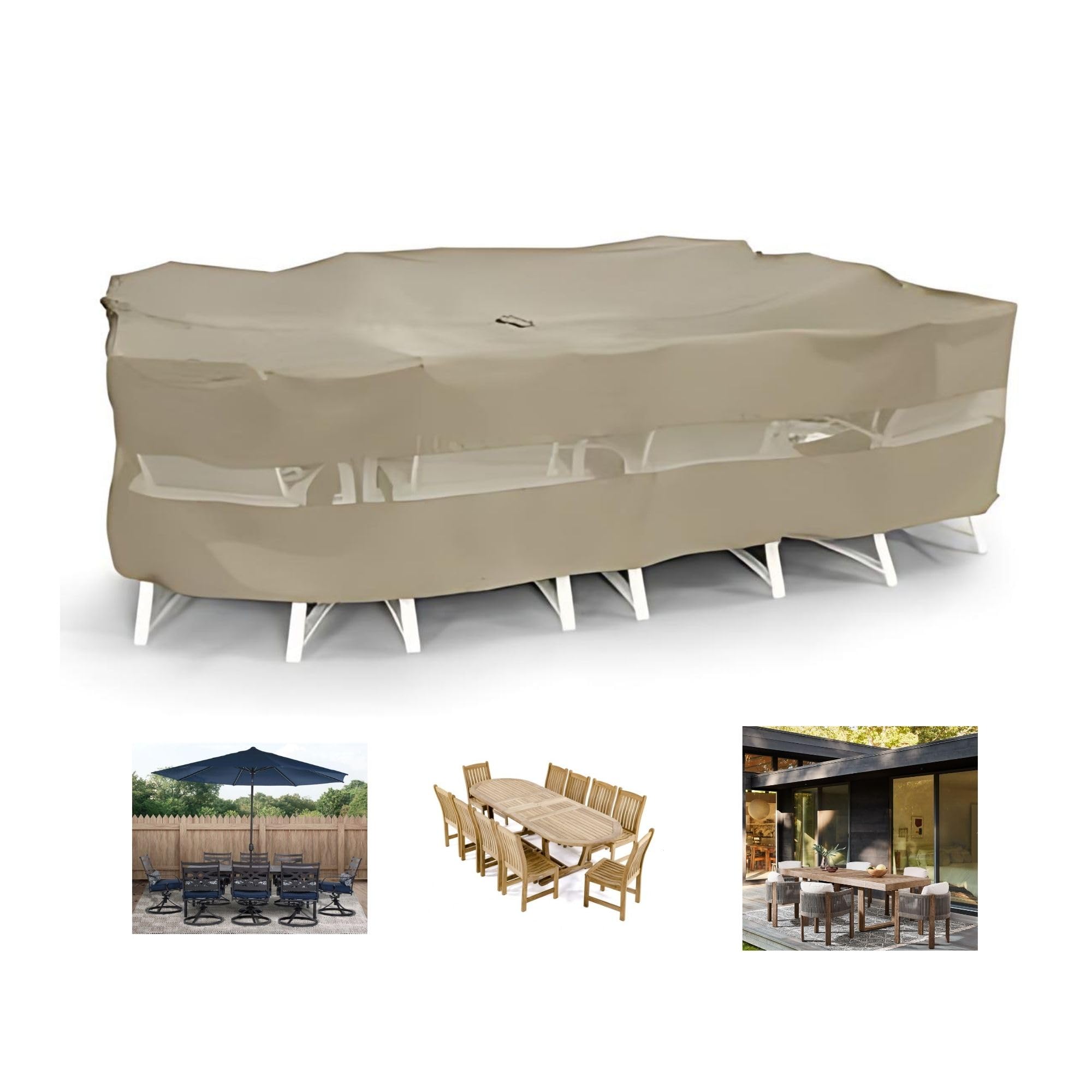 Formosa Covers | Premium Outdoor Patio Table Set Cover with Hole for Umbrella | 120" L x 86" W x 38" H | Weatherguard Material | Taupe