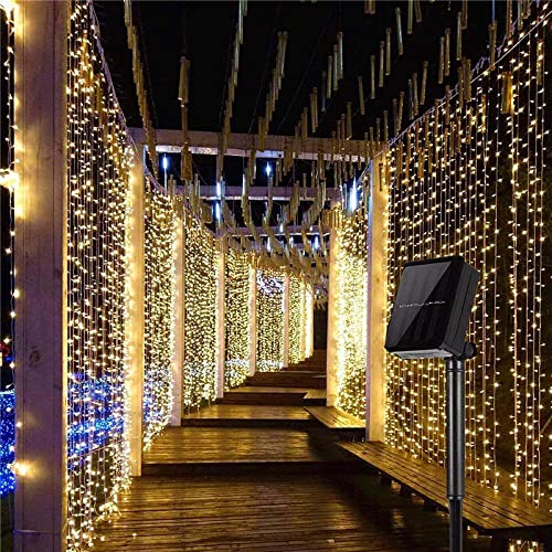 Warm White 3MX2M 200LEDs Solar Garland Curtain Light led Outdoor Fairy Lights Sunlight Powered String Lights for Window Garden Home Christmas Decor