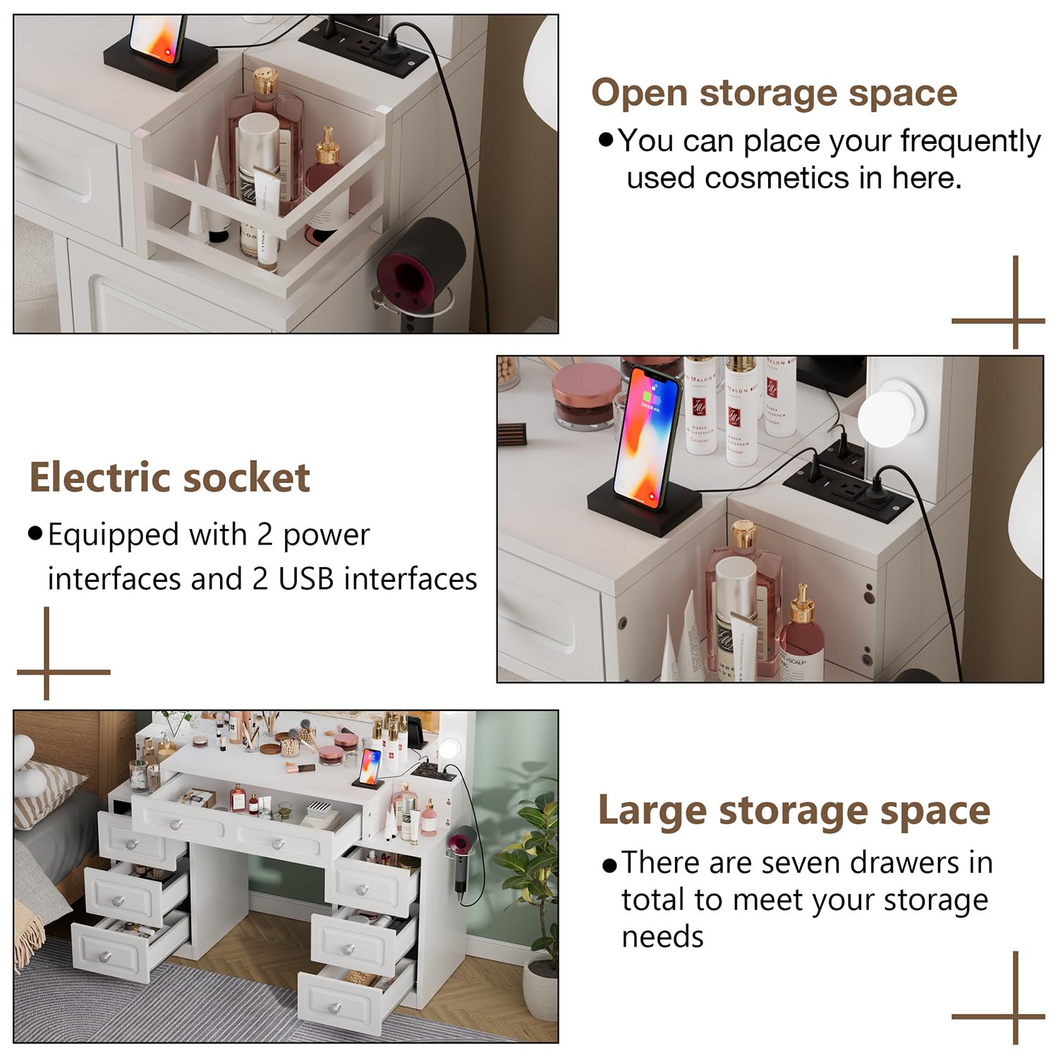 FURNJOYLIFE Farmhouse Makeup Vanity Desk with Lighted Mirror & Power Outlet, Vanity Dresser Table with 3 Lighting Modes Brightness Adjustable,7 Drawer,2 Shelves,Hair Dryer Stand for Bedroom,White