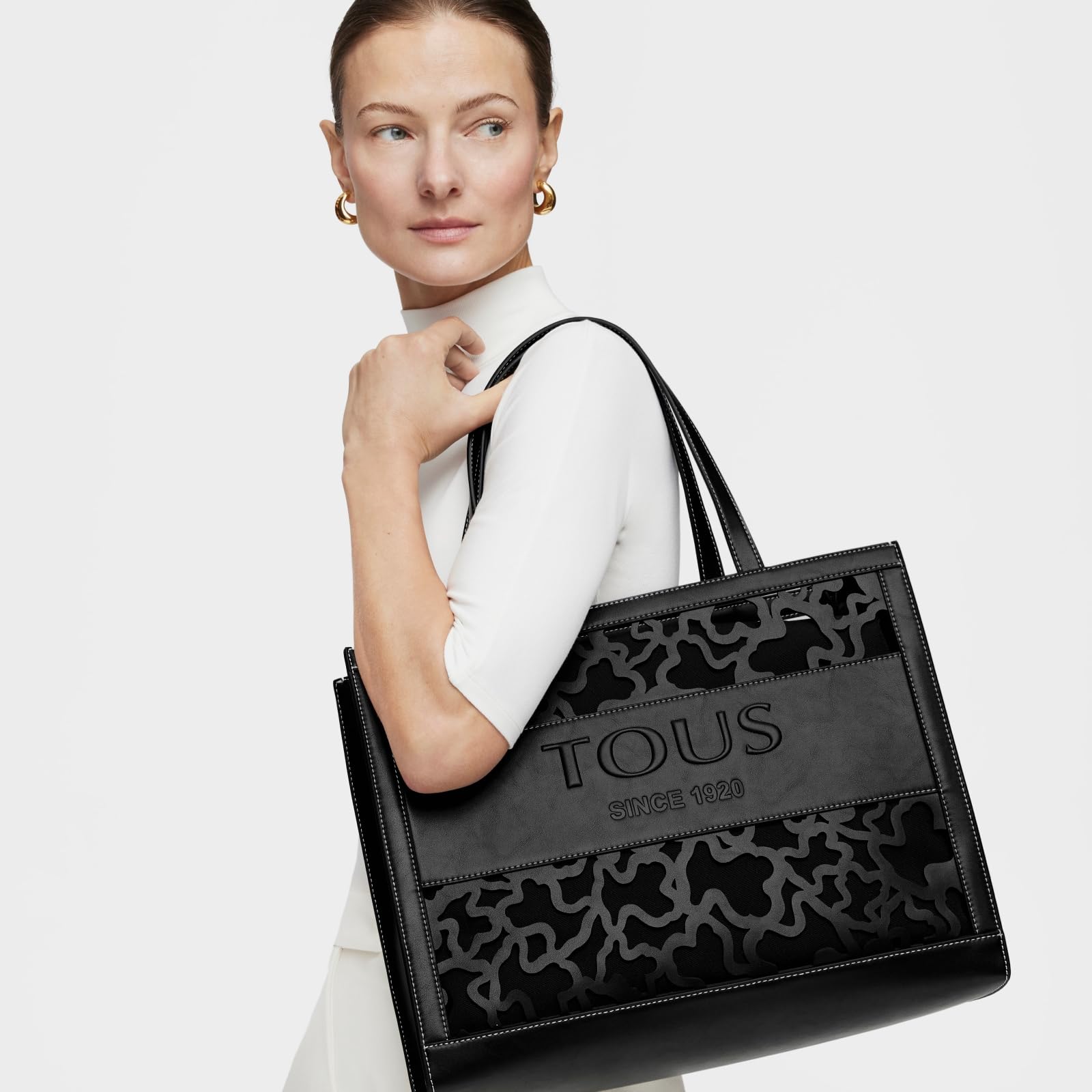 TOUS Brown and Beige Leather-Effect Vinyl with Bear Print Shopping Bag for Women, 40x33x20 cm, Amaya Kaos Icon Collection