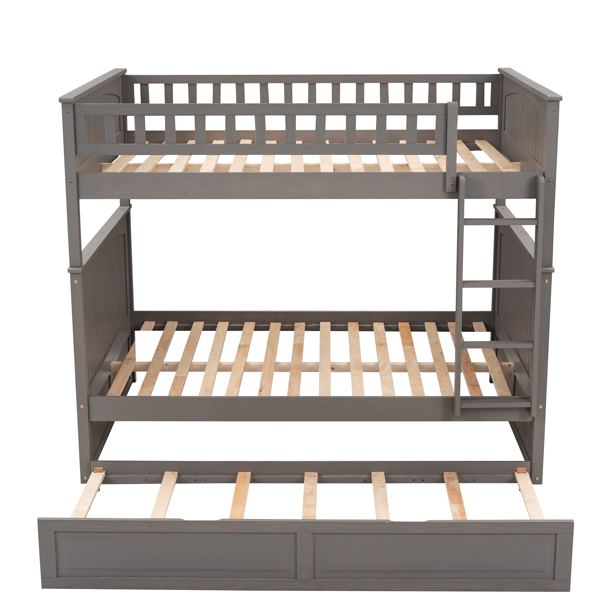 BIADNBZ Full-Over-Full Bunk Bed with Twin Size Trundle, Ladders and Full-Length Guardrail,Solid Pine Wood Bedframe for Bedroom Dorm, for Kids Teens,No Box Spring Needed,Brushed Gray