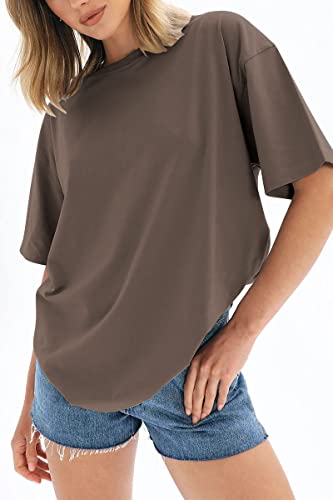 Trendy Queen Womens Oversized T Shirts Loose Fit Cotton Crewneck Short Sleeve Tops Summer Casual Blouse 2023 Y2K Basic Tee Brown