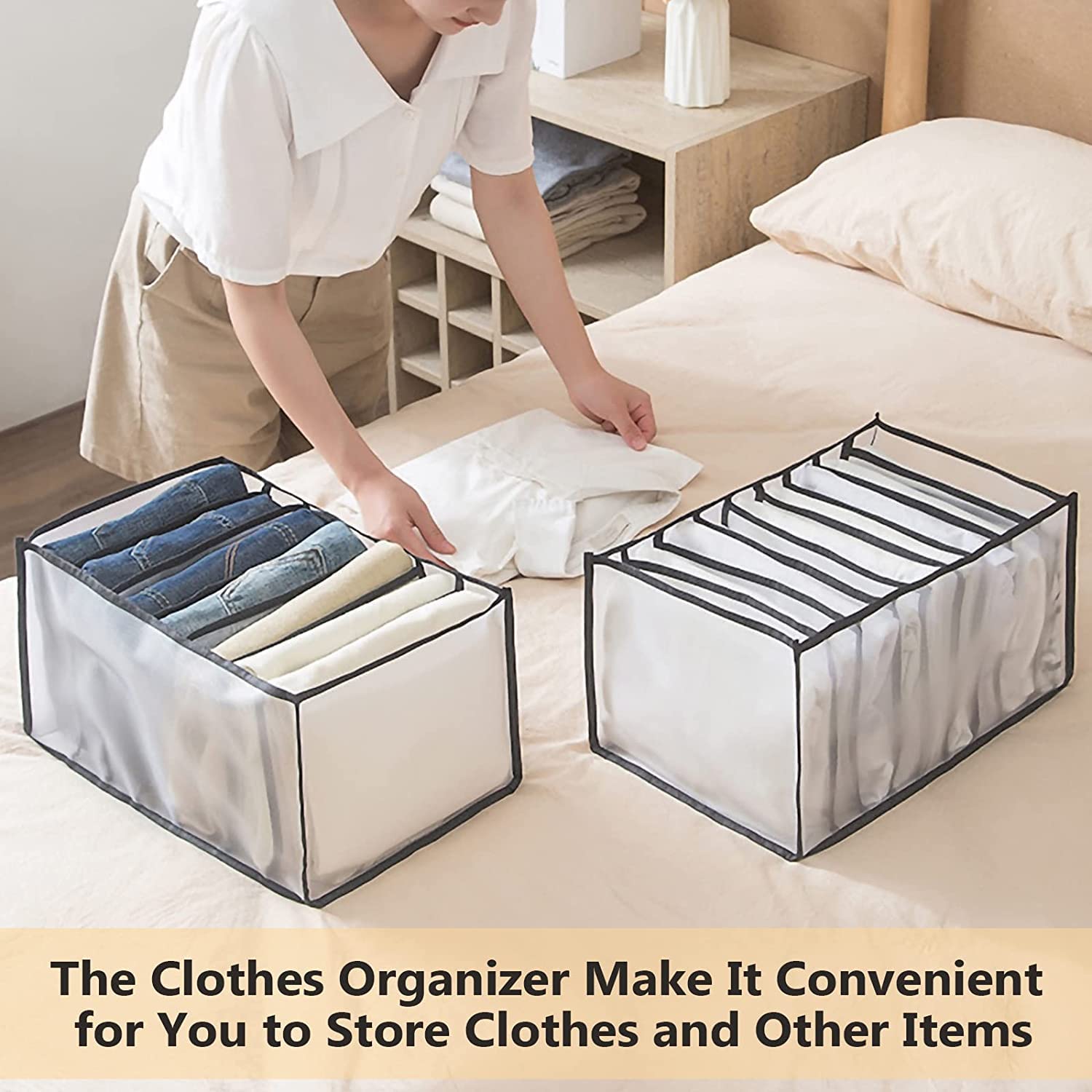 Washable Wardrobe Clothes Organizer Foldable Closet Organizer Portable Storage Baskets (2PCS Grey)