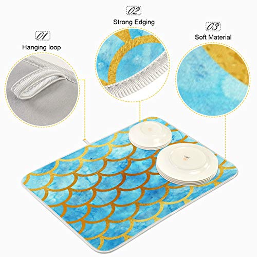 Ocean Mermaid Scales Dish Drying Mat 16"x18" Absorbent Machine Washable Hanging Fast Dry Pad Dish Protective Mat for Kitchen Countertop Heat Resistant Dinner Table Mat