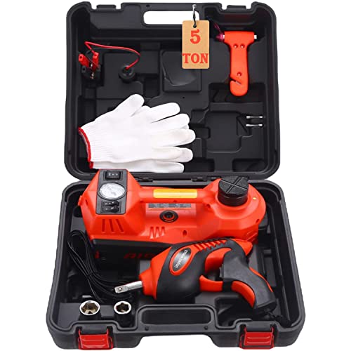 Mautyke Electric Hydraulic Car Jack Kit - 5 in 1 Air Floor Jack Stand Portable Trailer Truck Lift Jack Automatic Car Emergency Kit with Integrated Air Pump and Impact Wrench for Tire Changing