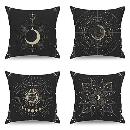 CARROLL Set of 4 Retro Sun and Moon Mandala Bohemian Style Summer Decor Square Cushion Case Decorative for Sofa Couch Patio 18 x 18 Inch
