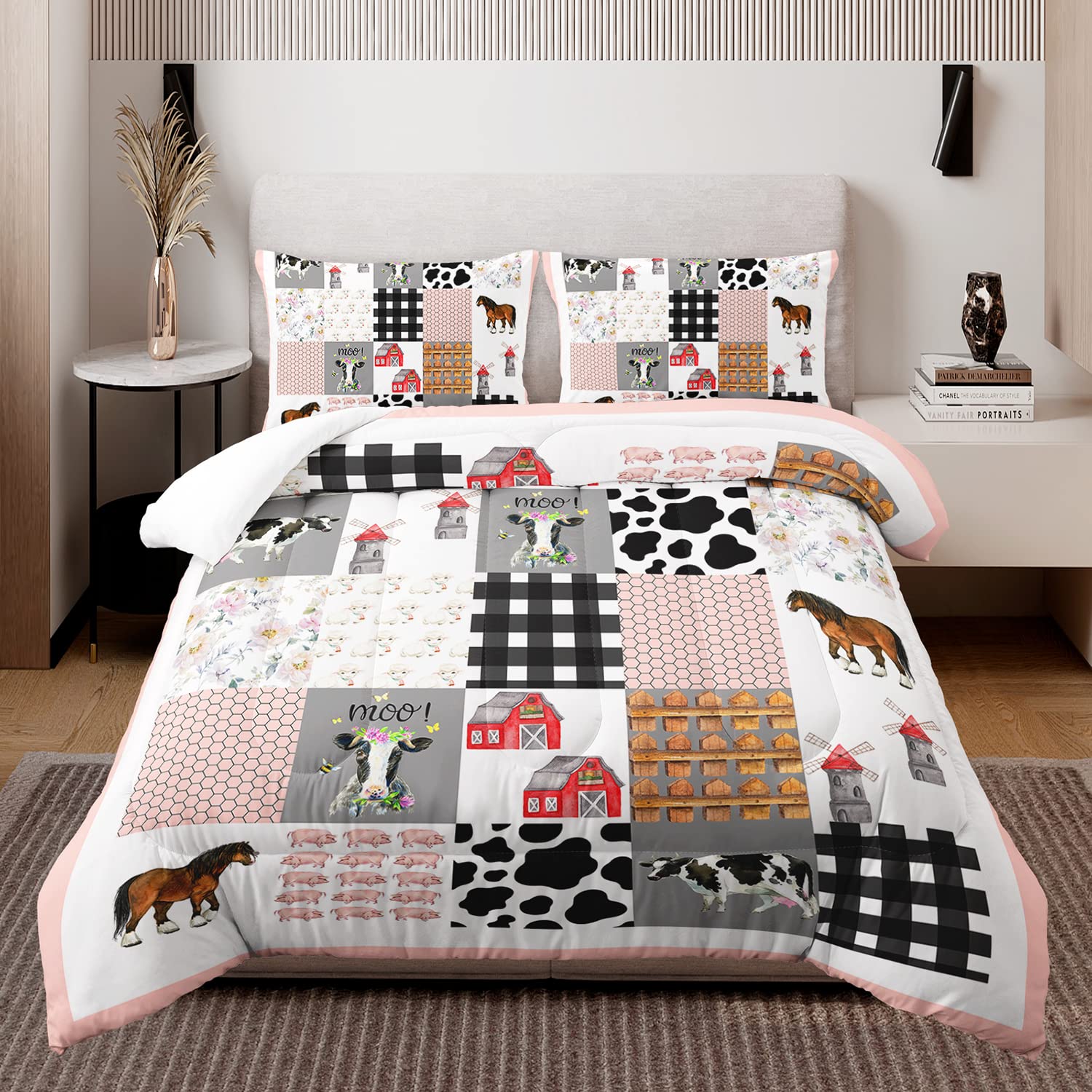 HOSIMA Cow Bedding Set,Farmhouse Comforter Western Country Style Room Decor Aesthetic,Cute Cartoon Farm Animal Pig Cow Horse Twin Bedding Sets for Girls Boys,Pink White Grid Comforter.