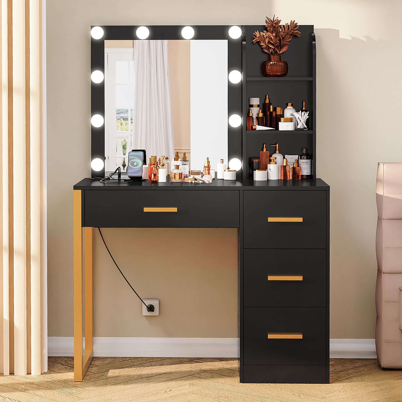 FIONESO Makeup Vanity Desk with Mirror & Lights, Vanity Desk with 4 Drawers & Charging Station, Dressing Vanity Table with Open Storage Shelves, 3 Color Modes, Vanity Table for Bedroom, White