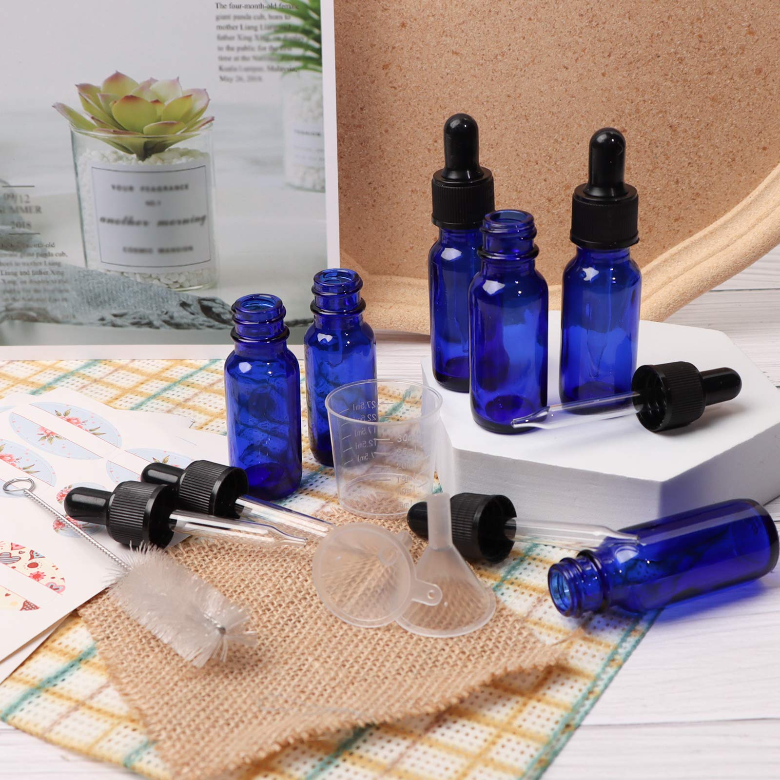 HWASHIN 24 Pack 1/2 oz Cobalt Blue Glass Bottles with Glass Eye Droppers for Essential Oils, Perfumes & Lab Chemicals (Brush, Funnels, 2 Extra Droppers, 36 Pcs Labels & Measuring Cup Included)