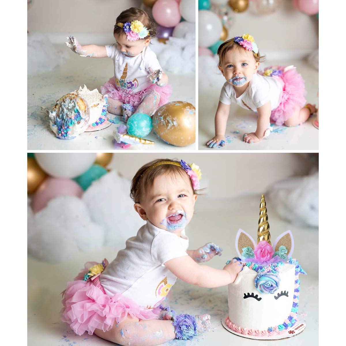 coonoe, Unicorn Cake Topper,Handmade Party Cake Decoration Supplies with Eyelashes and stack,Reuasble Gold Horn for Birthday Party,Baby Shower, Wedding