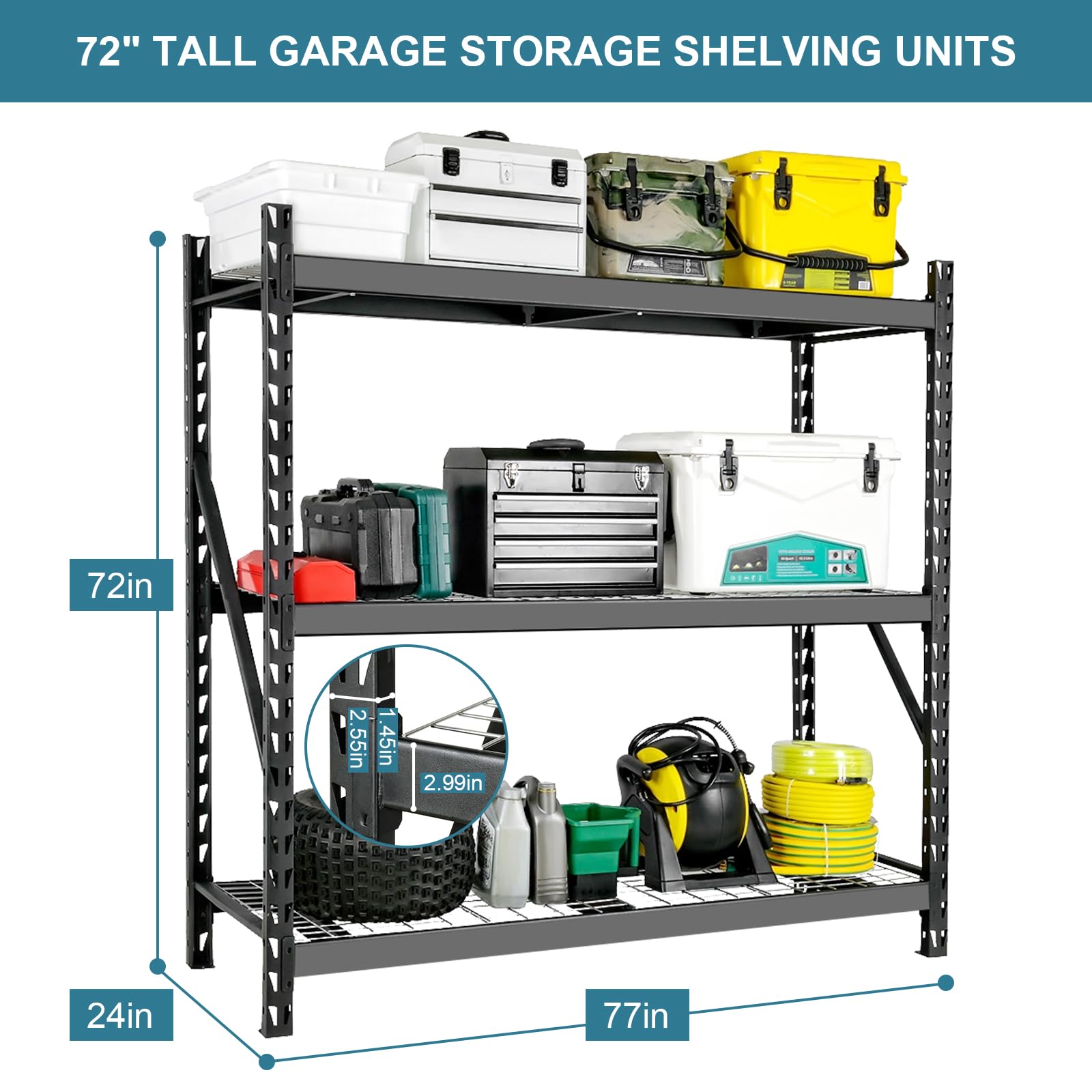 Garage Storage Shelves - Heavy Duty 72”H x 77”W x 24”D Adjustable 3-Tier Metal Shelving Rack, 6000LBS Capacity - Ideal Garage Shelving for Storage Solutions
