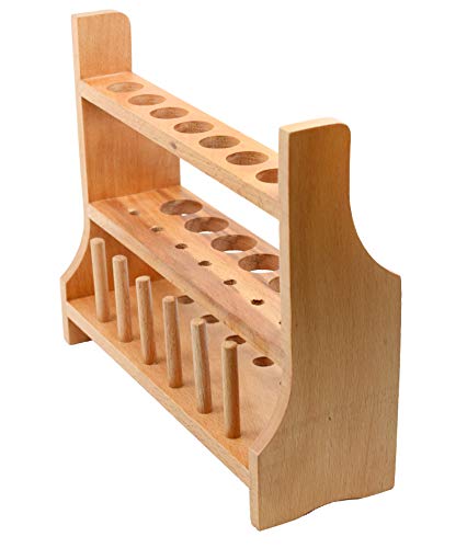 Wooden Test Tube Rack with 6 Draining Pins - Accommodates 13 Tubes, up to 25mm - 10.25" Wide, 8" Tall - Premium Polished Beech Wood Construction - Eisco Labs