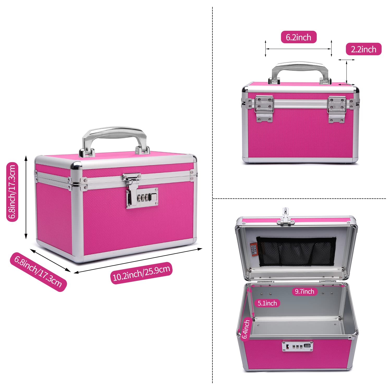 Combination Locking Medication Box with Portable Storage Case, 10.2''x 6.8''x 6.8'', Childproof Medicine Lock Organizer, Lockable Box for Documents & Valuables (Pink/Small)