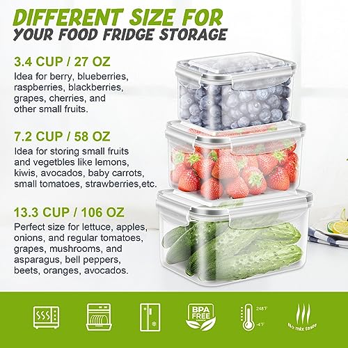 ODOMU 3 Pack Fridge Berry Storage Container with Lids with Strainer, Plastic Fresh Produce Saver Keeper for Vegetable Fruit Meat Lettuce, BPA Free Kitchen Refrigerator Organization (3.15L+1.7L+0.8L)