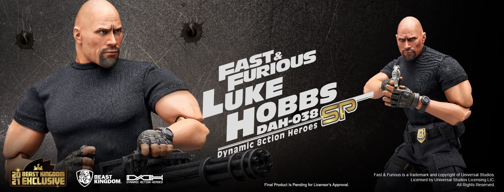 The Rock Action Figure As Luke Hobbs Limited Edition Fast and Furious - Model DAH-03 Fabric Clothing - Heavy Machine Gun, Ammo Box, Pistol, 4 Hands - Merchandise by Beast Kingdom