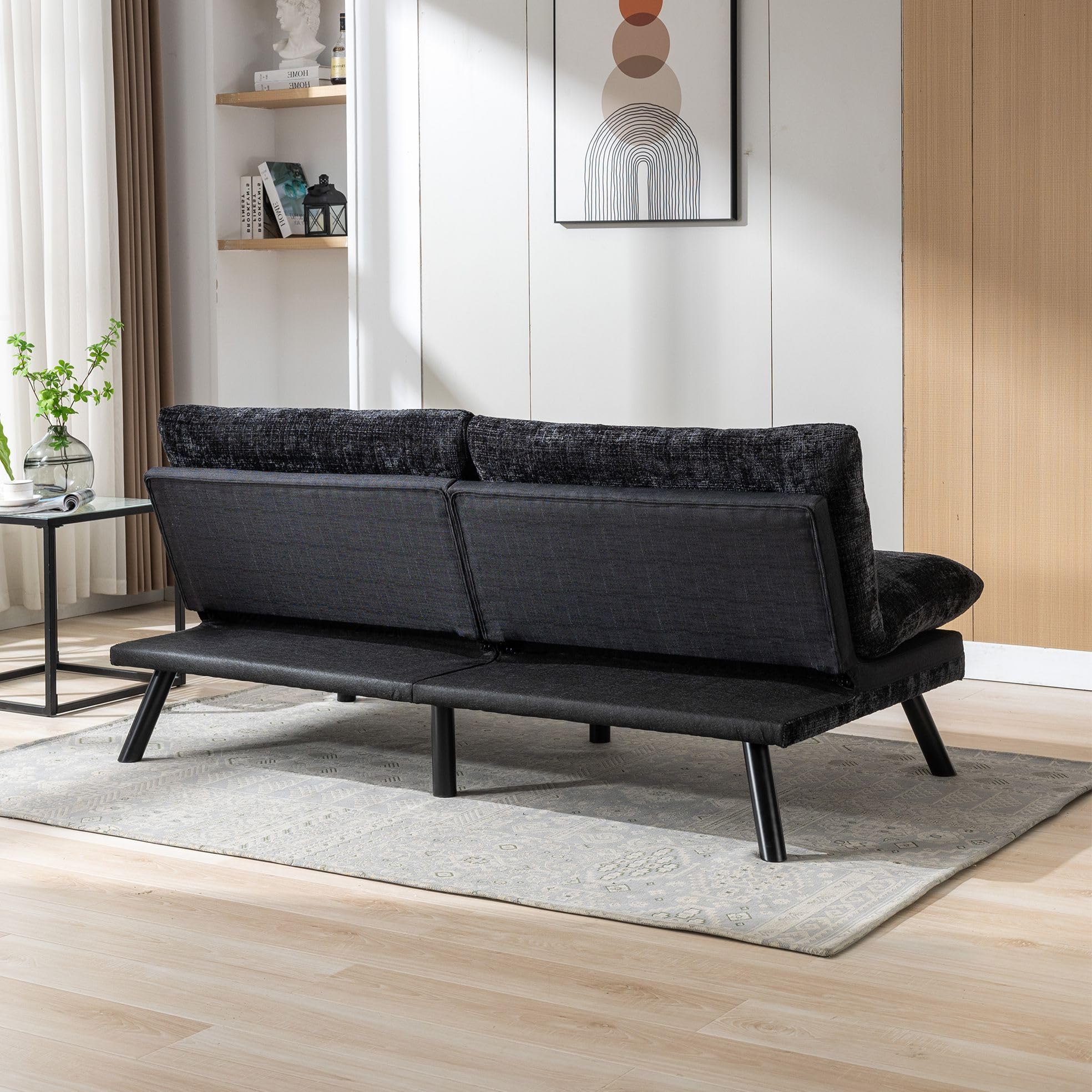 Futon Sofa Bed, Convertible Sleeper Sofa with Adjustable Backrest, Loveseat Futon Bed with Black Metal Legs, Breathable Lounge Couch for Apartment, Studio, Office, Small Space (Grey)