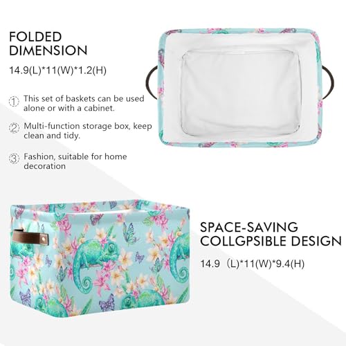 xigua Green Chameleon Storage Basket Foldable Storage Bin, Canvas Rectangular Storage Basket with Leather Handles for Home Closet & Office Decoration
