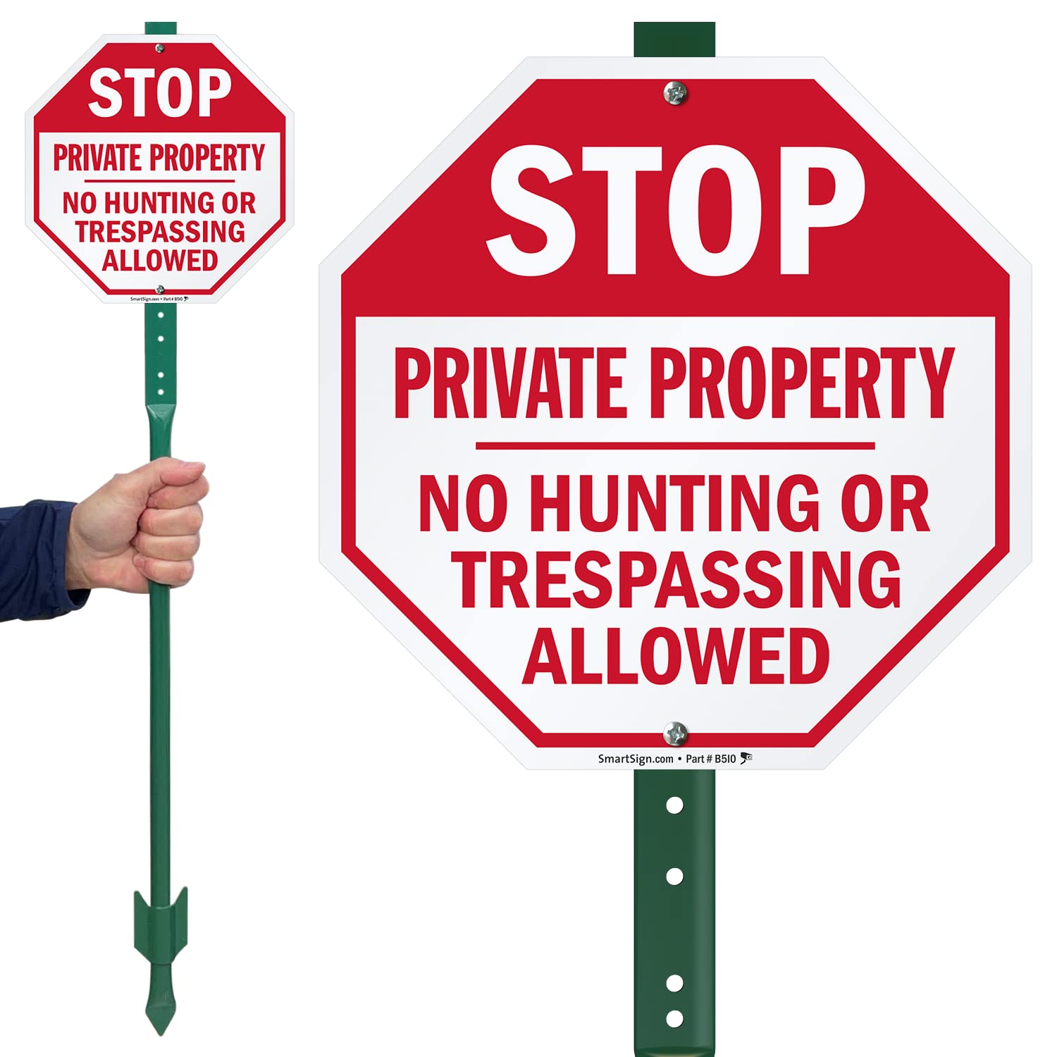 SmartSign 10 x 10 inch “Stop - Private Property, No Hunting Or Trespassing Allowed” LawnBoss Yard Sign with 3 foot Stake, 40 mil Laminated Rustproof Aluminum, Red and White, Set of 1, Made in USA